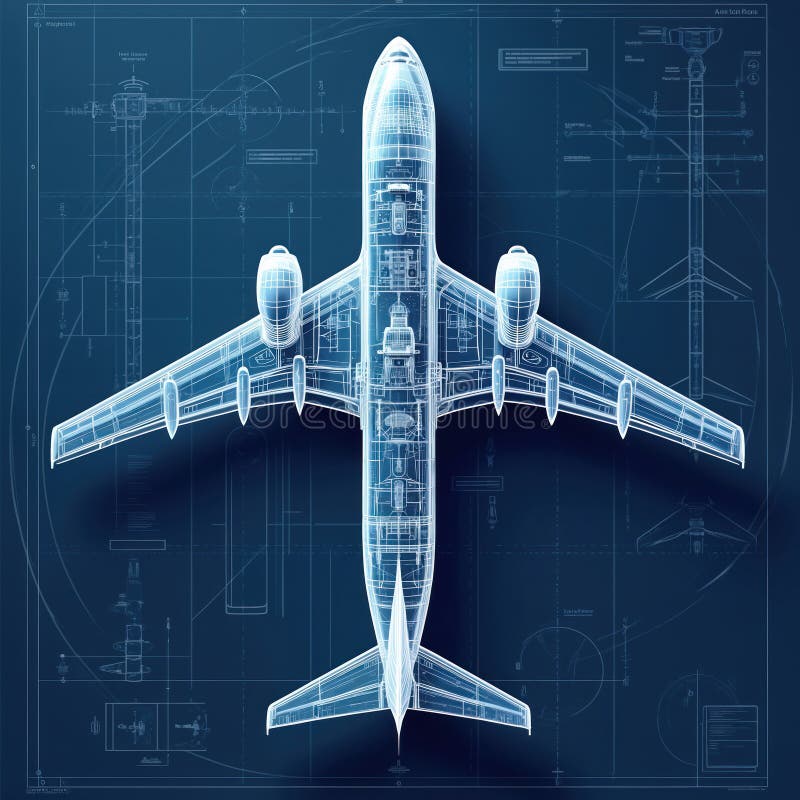 Airplane Schematic Top View Technical Drawing. Detailed Blueprint Shows Aircraft Structure ...