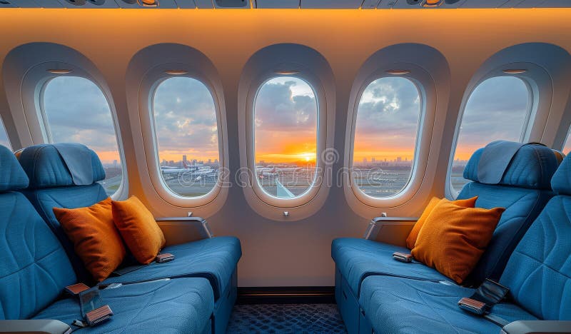 Airplane Seat and Window Inside Aircraft with View on Sunset Stock ...
