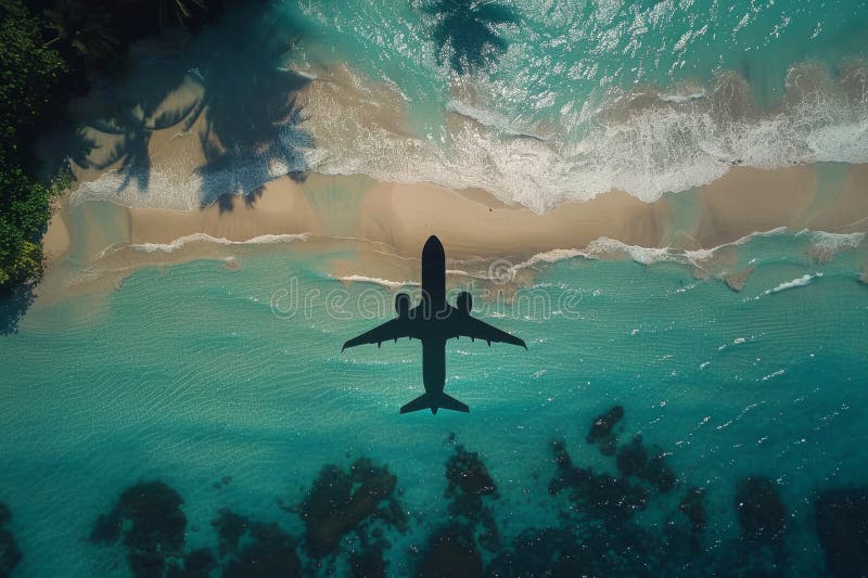 Airplane Shadow Flying Over Idyllic Tropical Beach during Summer ...