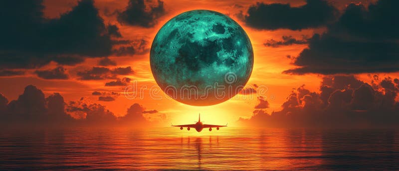 Airplane Silhouette Under Green Moon at Sunset Stock Illustration ...