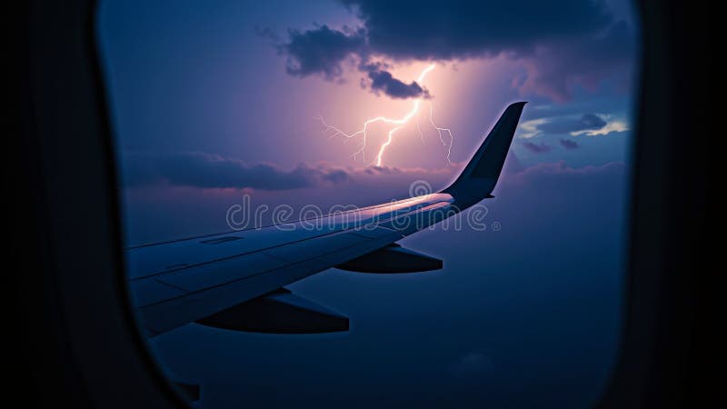 An Airplane in the Sky Flies into a Thunderstorm. Lightning on the ...