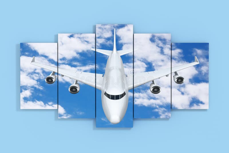 Airplane in the Sky Poster on a Blue. 3d Rendering Stock Illustration ...