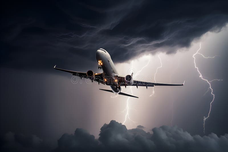 Airplane in the Sky among Storm Clouds and Lightning, Generative AI ...