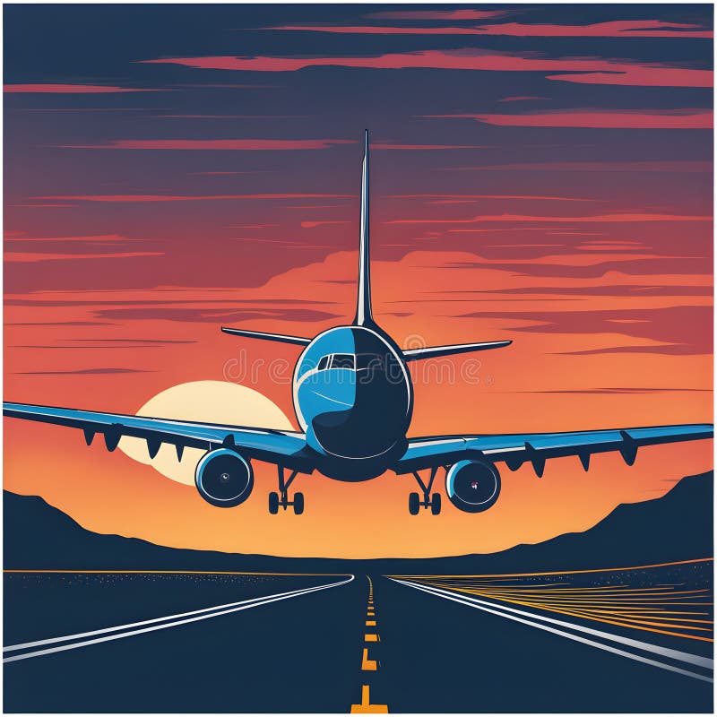 Airplane in the Sky at Sunset Stock Illustration - Illustration of ...
