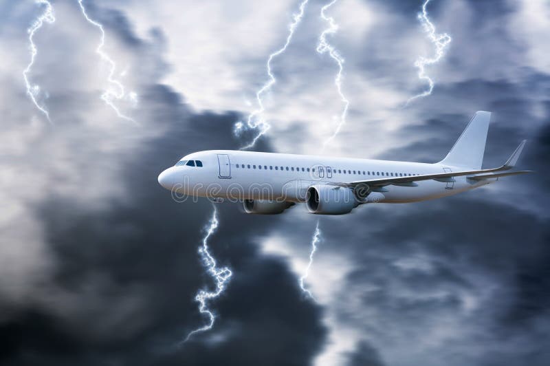 Airplane in the Sky with Thunder and Lightning,the Plane Flies in ...