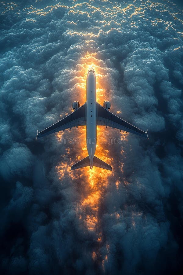 Airplane Soaring Above Clouds with Dramatic Sunlight Stock Photo ...