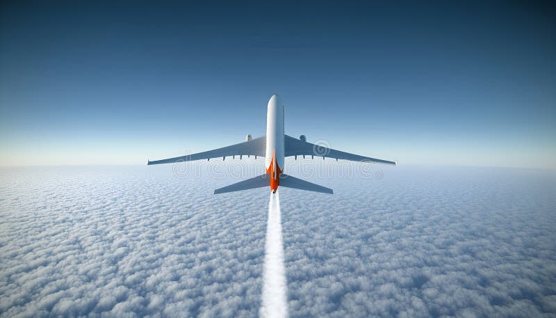 Airplane Soaring in Clear Blue Sky with Vapor Trail from Above Stock ...