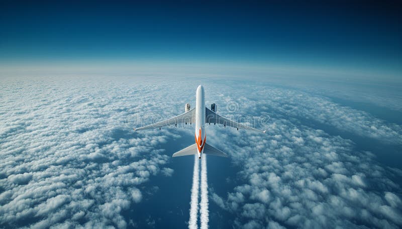 Airplane Soaring in Clear Blue Sky with Vapor Trail from Above Stock ...