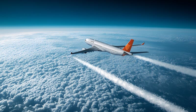 Airplane Soaring in Clear Blue Sky with Vapor Trail from Above Stock ...