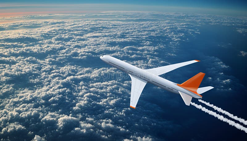 Airplane Soaring in Clear Blue Sky with Vapor Trail from Above Stock ...