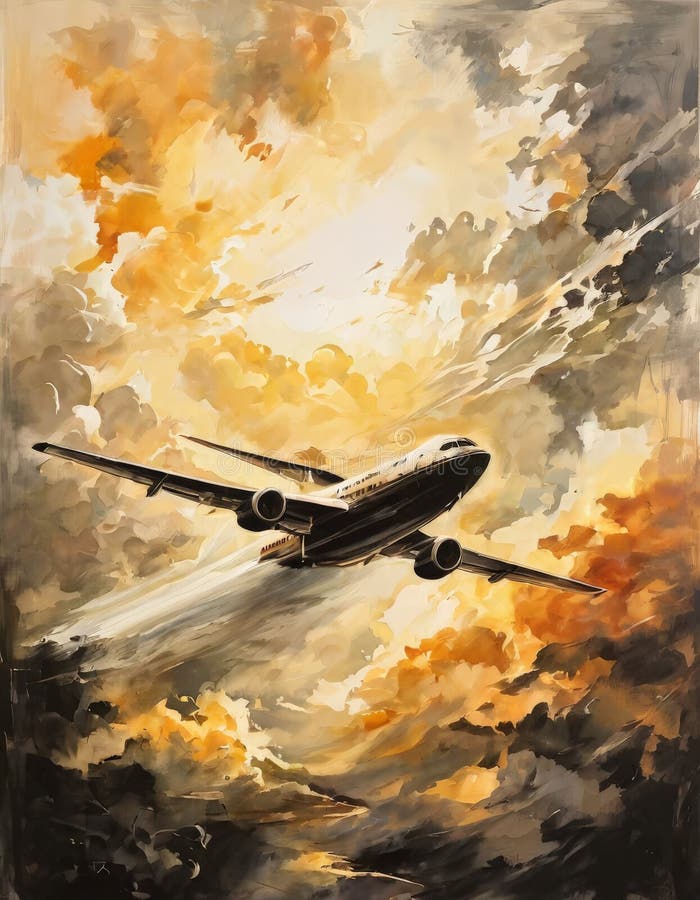 Airplane Soaring through Dramatic Sky at Sunset Stock Photo - Image of ...