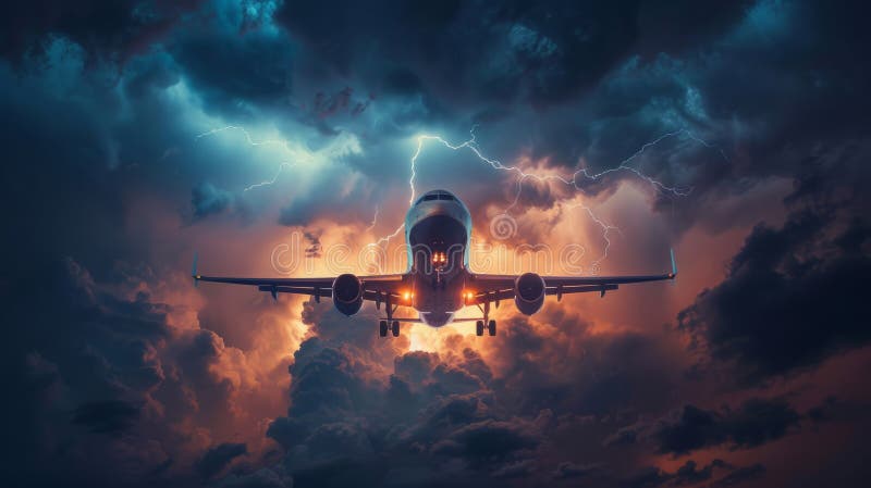 Airplane Soaring through a Dramatic, Stormy Sky with Lightning Stock ...
