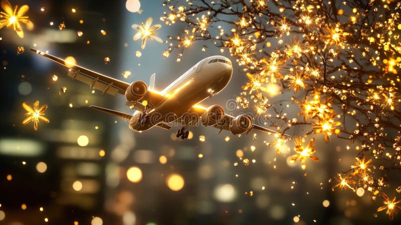 Airplane Soaring through Glittering Night Sky with Golden Lights Stock ...
