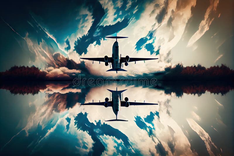 Airplane Soaring through Sky, with Reflection in the Water Below Stock ...
