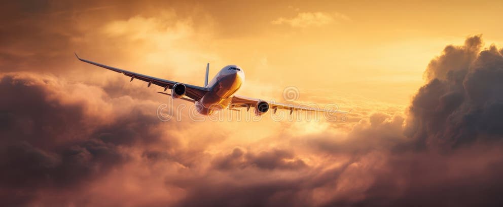 The Airplane Soaring through Vibrant Clouds at Sunset Over the Horizon ...