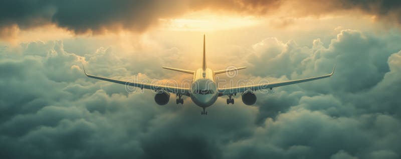 An Airplane Soars Above Fluffy Clouds As Sunlight Streams in during ...