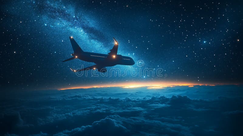 An Airplane Soars through a Beautifully Illuminated Night Sky Filled ...