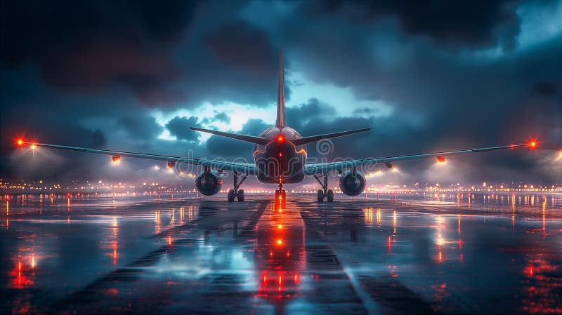 Airplane Prepared for Takeoff on Reflective Runway at Dusk with ...