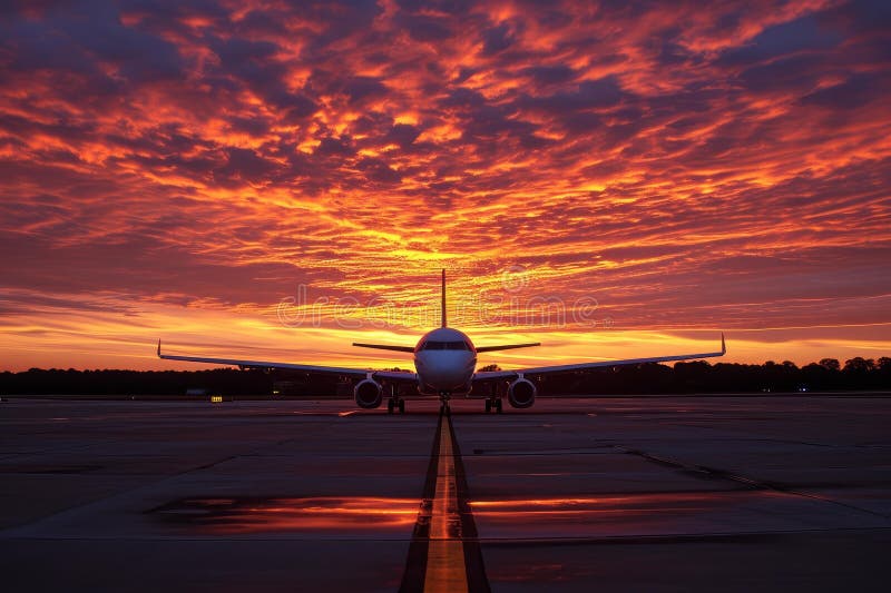 Airplane at Sunset. Generate Ai Stock Image - Image of light, panoramic ...
