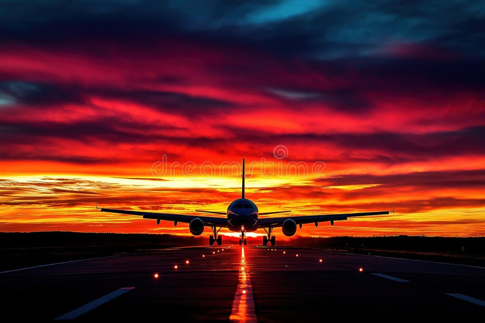 Airplane at Sunset on Runway with Vibrant Sky and Dramatic Sunlight ...