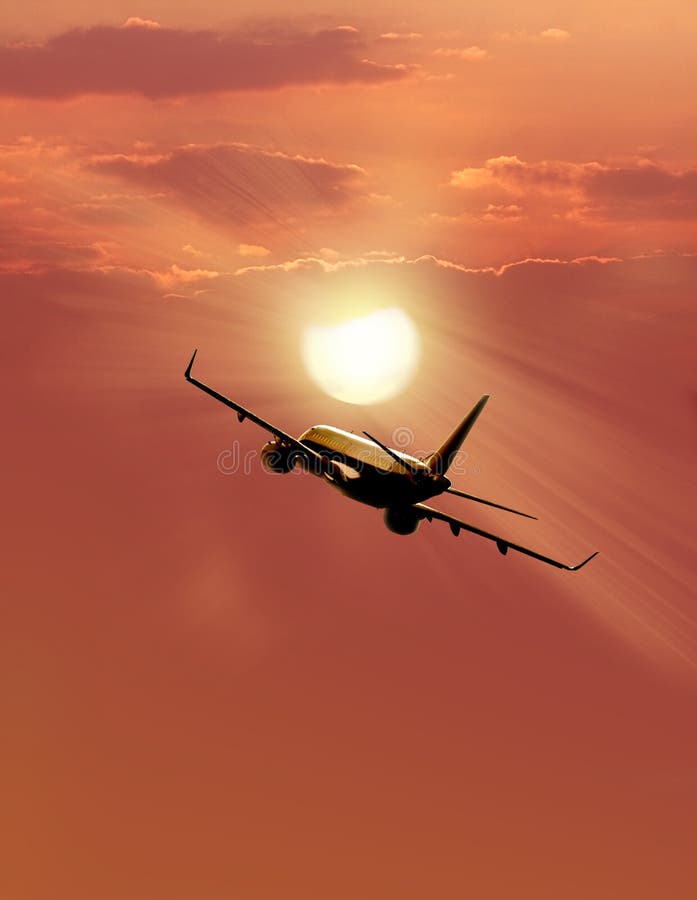 Plane landing in a sunset stock image. Image of commercial - 28132353