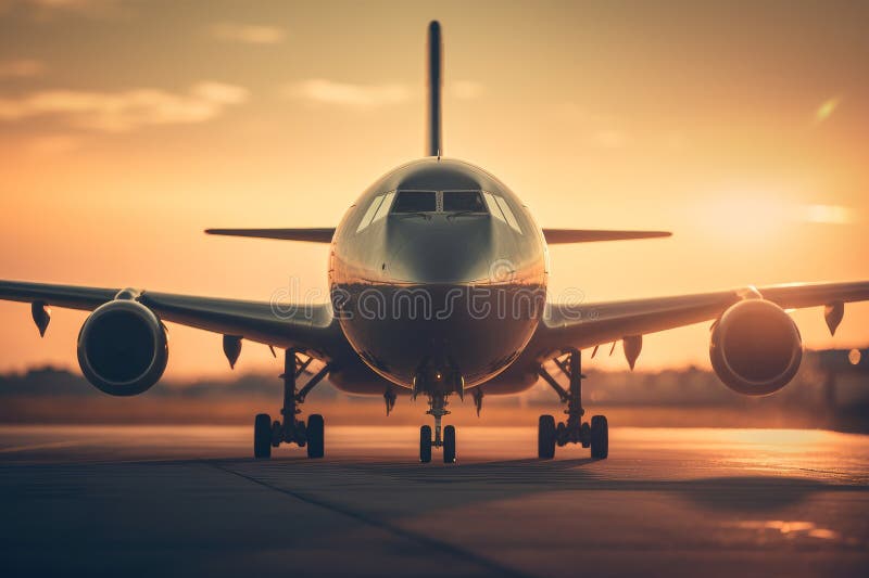 Airplane Takeoff Sunset. Generate Ai Stock Image - Image of leave ...