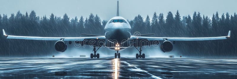 Airplane Taking Flight. on Runway in Heavy Rain with Dark Moody ...