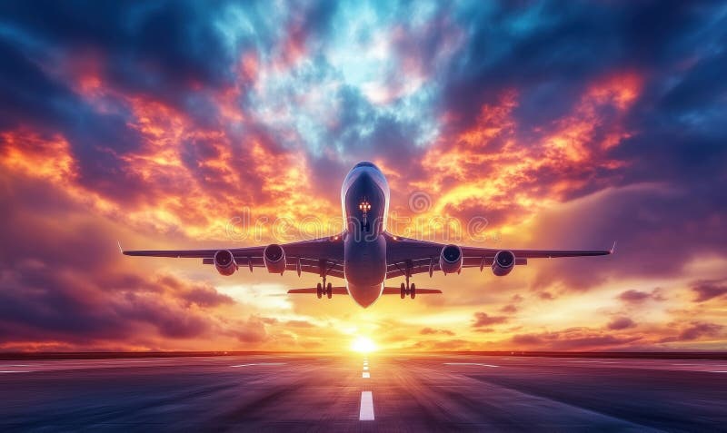 Airplane Taking Off Against Dramatic Sunset Sky Colorful Clouds Stock ...