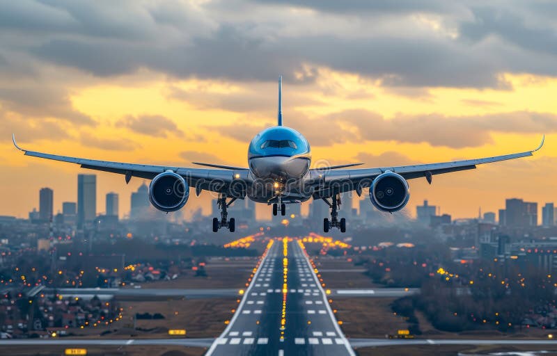 Airplane is Taking Off from the Airport in the Evening. Airplane Front ...