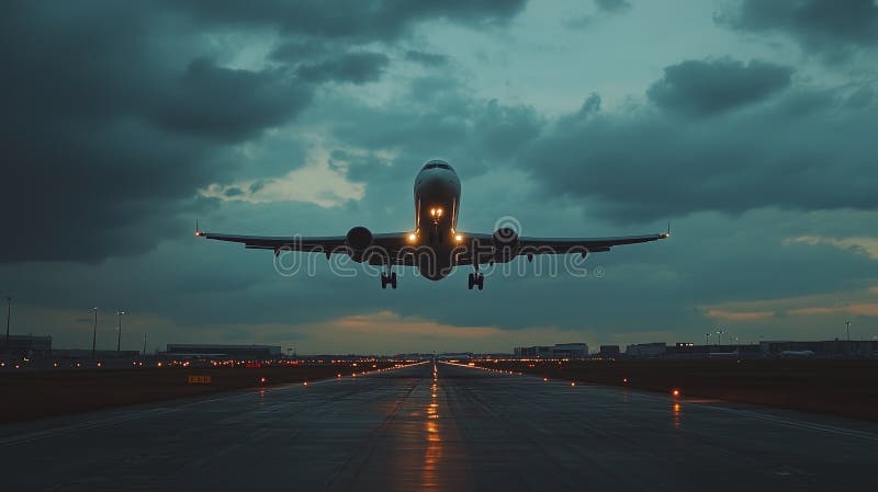 Airplane Taking Off from the Airport Runway Against a Dramatic Sunset ...