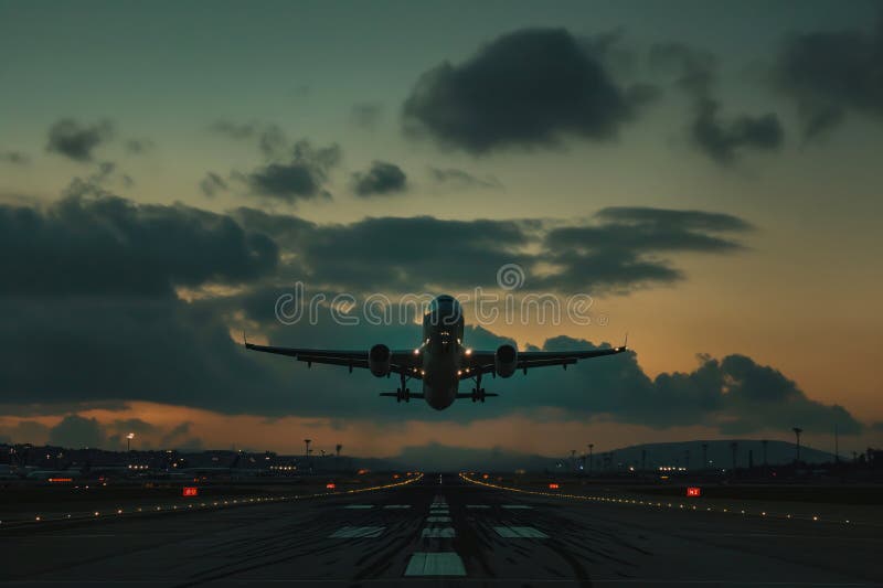 An Airplane Taking Off from an Airport Runway Stock Photo - Image of ...
