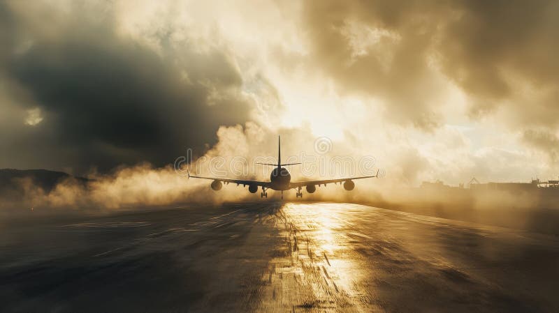 Airplane Taking Off during Dramatic Sunset with Dark Clouds Stock ...