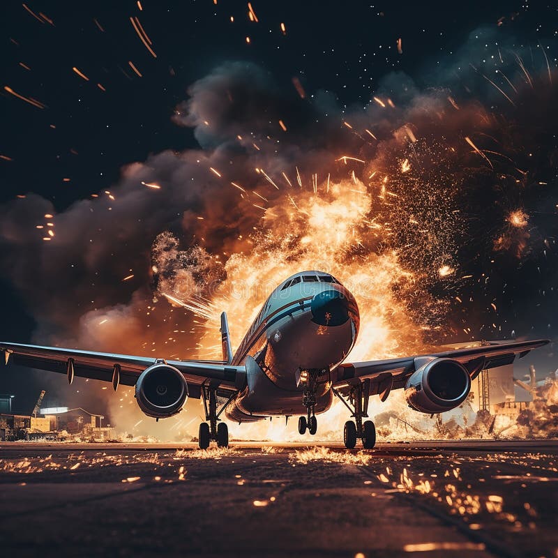 Airplane Taking Off with an Explosion Behind it at Night. Stock ...