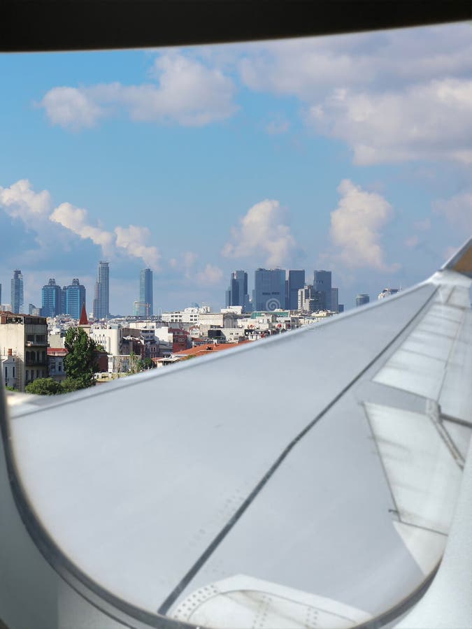 Airplane Taking Off or Landing, View on City from Window Stock Image ...