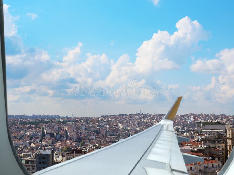 Airplane Taking Off or Landing, View on City from Window Stock Image ...