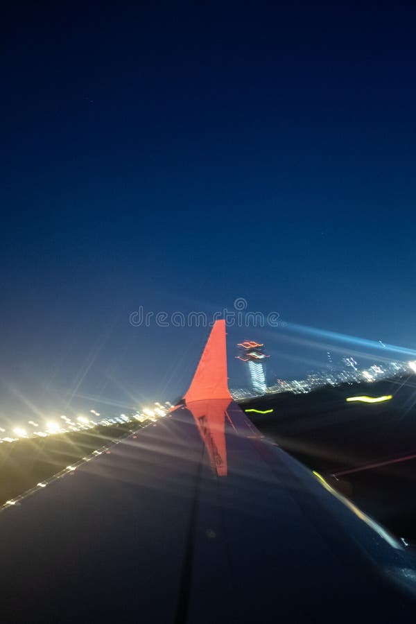 Airplane Taking Off at Night Dusk Wing Right Window View Sight Stock ...