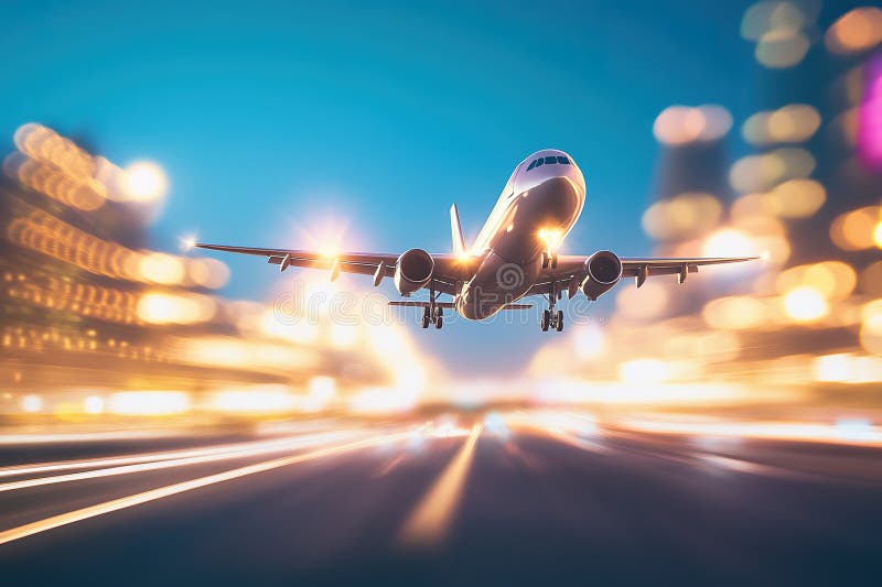 Airplane Taking Off Over City at Dusk with Blurred Lights Stock Photo ...