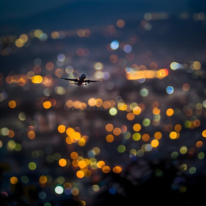 Airplane Taking Off Over City Lights at Dusk Stock Image - Image of ...