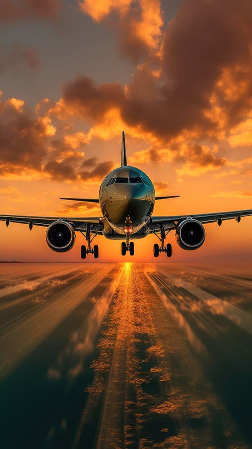 Airplane Taking Off in the Rays of the Setting Sun. Runway Shot of ...