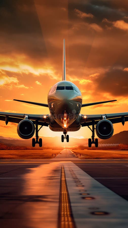 Airplane Taking Off in the Rays of the Setting Sun. Runway Shot of ...