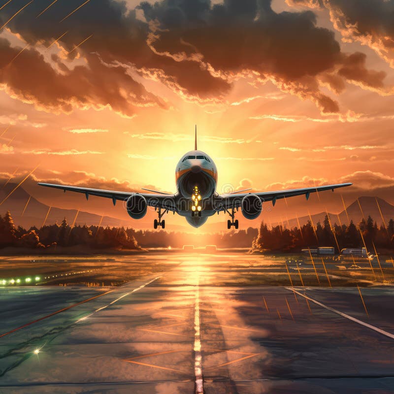 Airplane Taking Off in the Rays of the Setting Sun. Runway Shot of ...