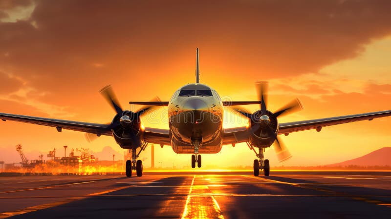 Airplane Taking Off in the Rays of the Setting Sun. Runway Shot of ...