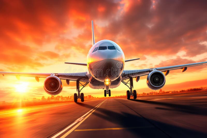 Airplane Taking Off in the Rays of the Setting Sun. Runway Shot of ...