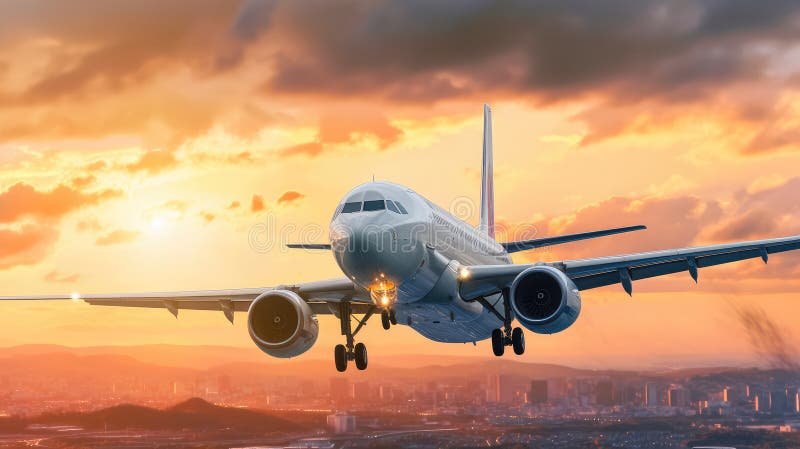 Airplane Taking Off in the Rays of the Setting Sun. Runway Shot of ...