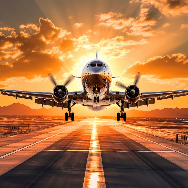 Airplane Taking Off in the Rays of the Setting Sun. Runway Shot of ...
