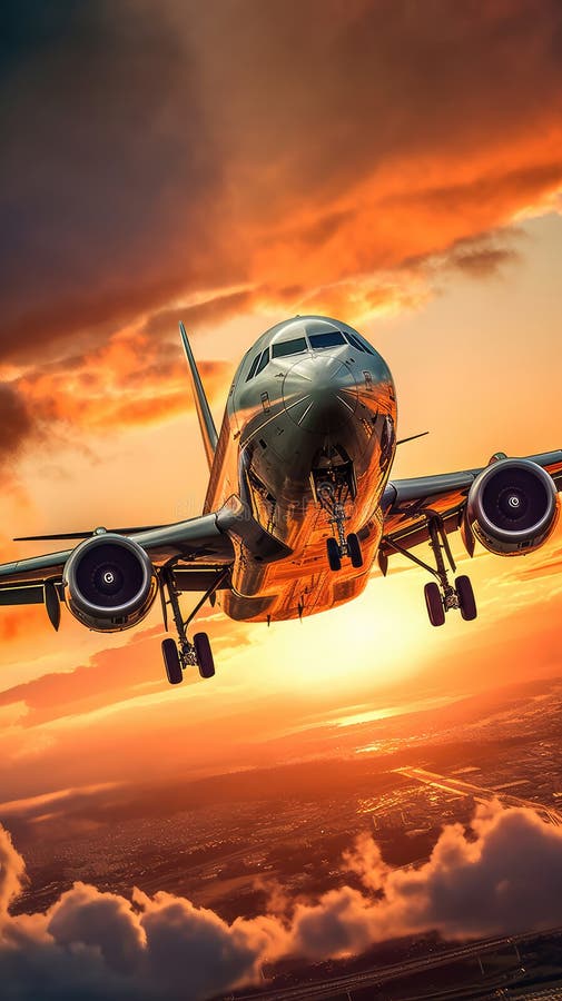 Airplane Taking Off in the Rays of the Setting Sun. Runway Shot of ...