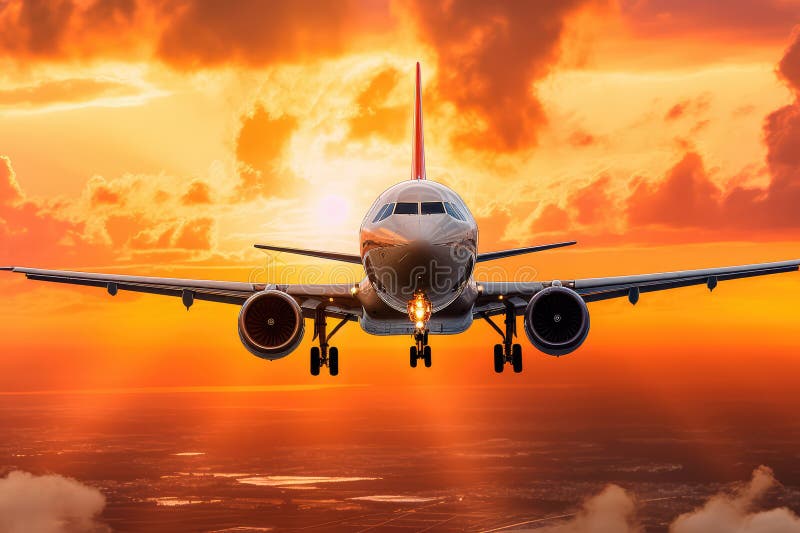 Airplane Taking Off in the Rays of the Setting Sun. Runway Shot of ...