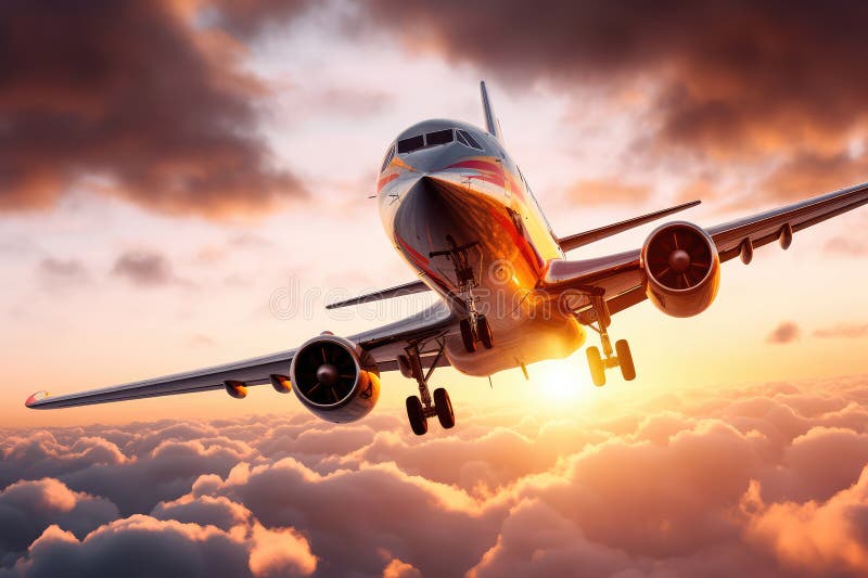 Airplane Taking Off in the Rays of the Setting Sun. Runway Shot of ...