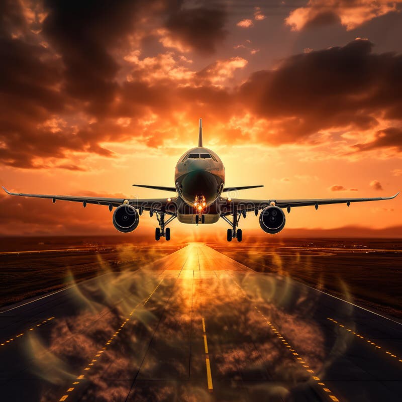 Airplane Taking Off in the Rays of the Setting Sun. Runway Shot of ...