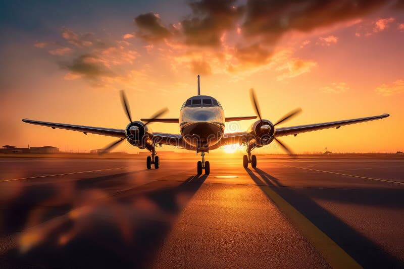 Airplane Taking Off in the Rays of the Setting Sun. Runway Shot of ...